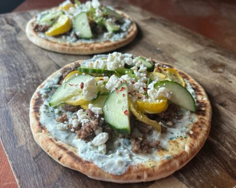 Grilled Beef & Herb Flatbreads with Garlic Scape Sauce - Riehm Produce Farm